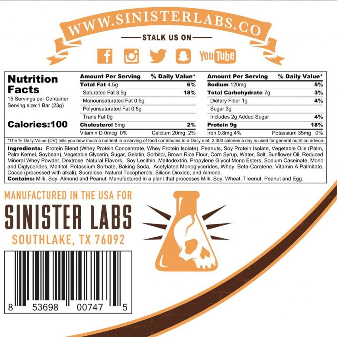 Sinister Labs Sinfit On-The-Go Double Layer Protein Bars 15 x 23g Peanut Butter